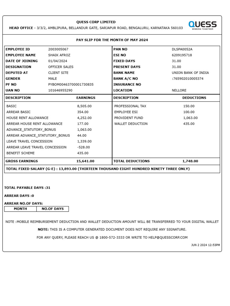 May 2024 Pay Slip for Officer Sales | PDF