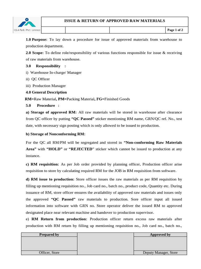 Raw Materials Issue & Return Procedure | PDF | Warehouse | Computing