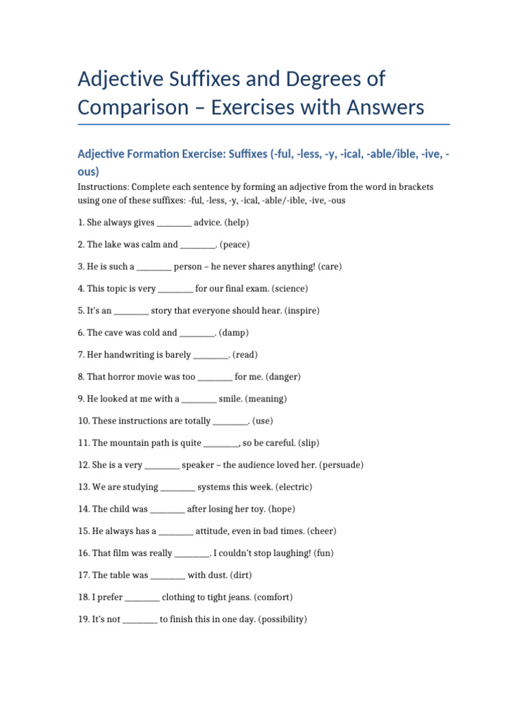Adjective Suffix Exercise With Answers | PDF
