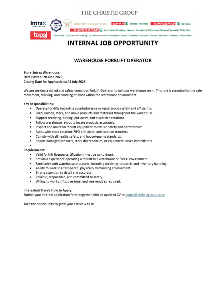 Internal Job Alert - Forklift Operator Intrax Warehouse | PDF