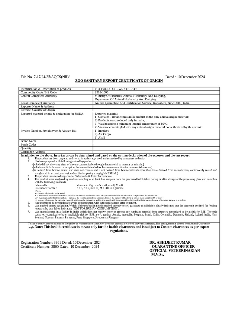 Zoosanitary Export Certificate for Pet Food | PDF | Animals And Humans