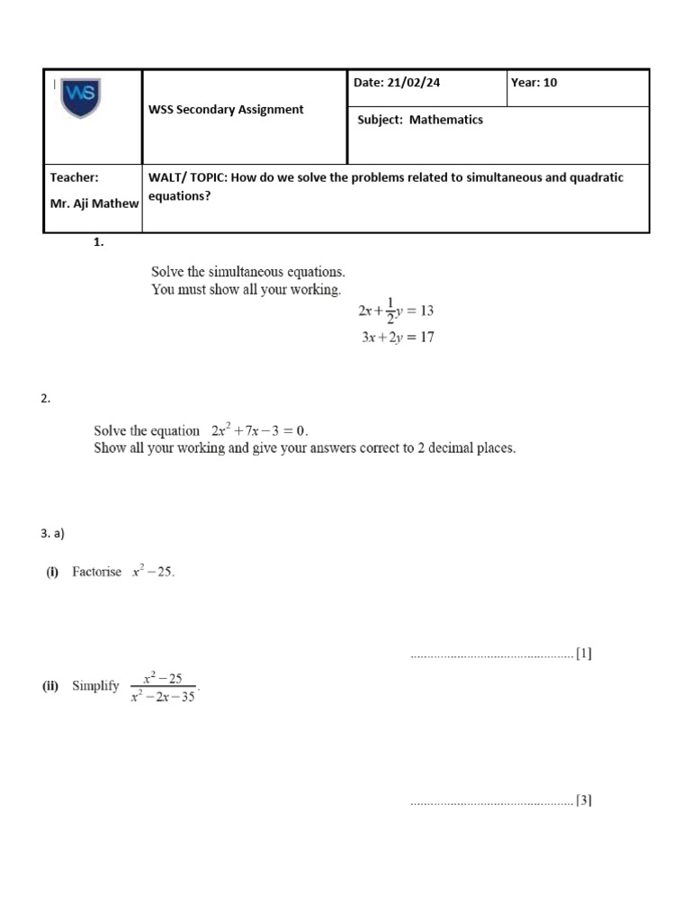 Y10 Assignment QP-simultaneous Equation and Quadratic Equations | PDF