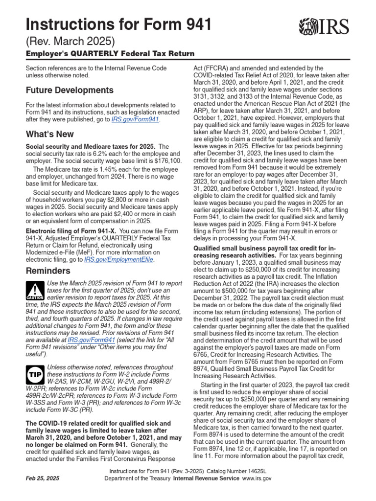 2025 Form 941 Instructions Guide | PDF | Payroll Tax | Social Security ...