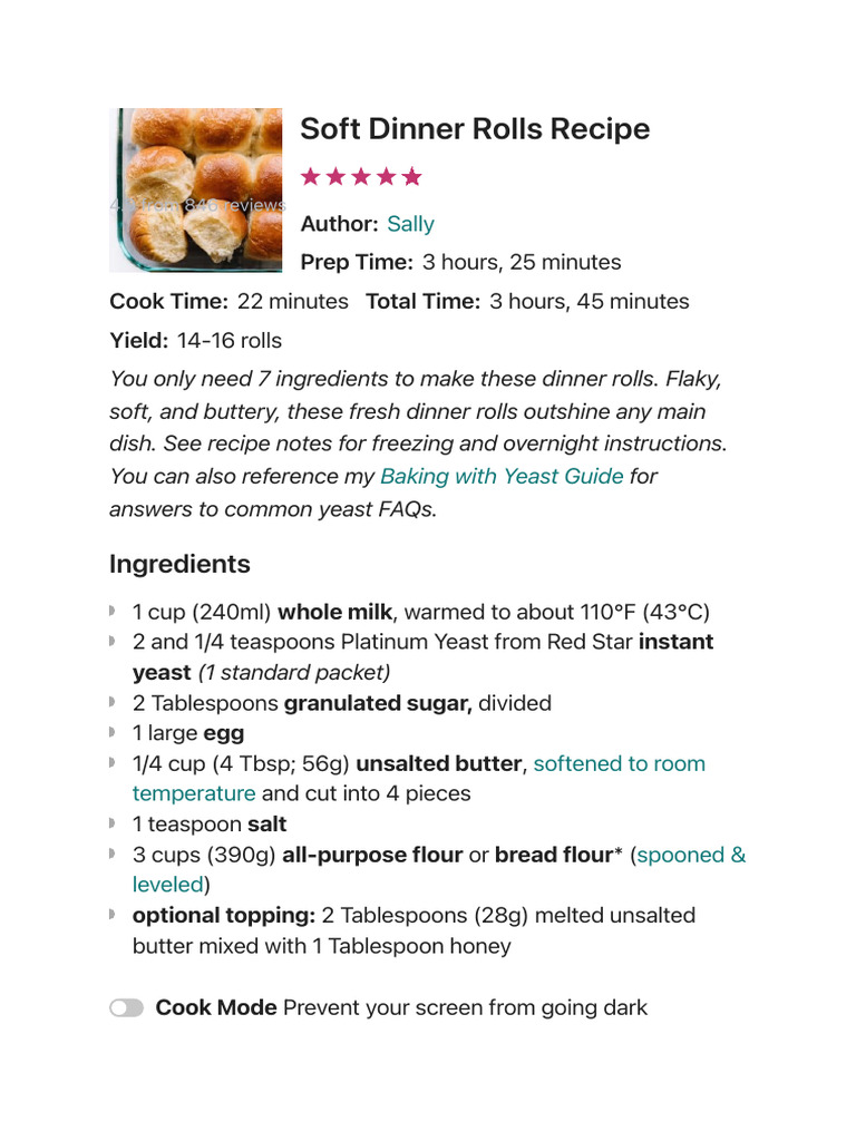 Sally's Soft Dinner Rolls Recipe | PDF | Baker's Yeast | Breads