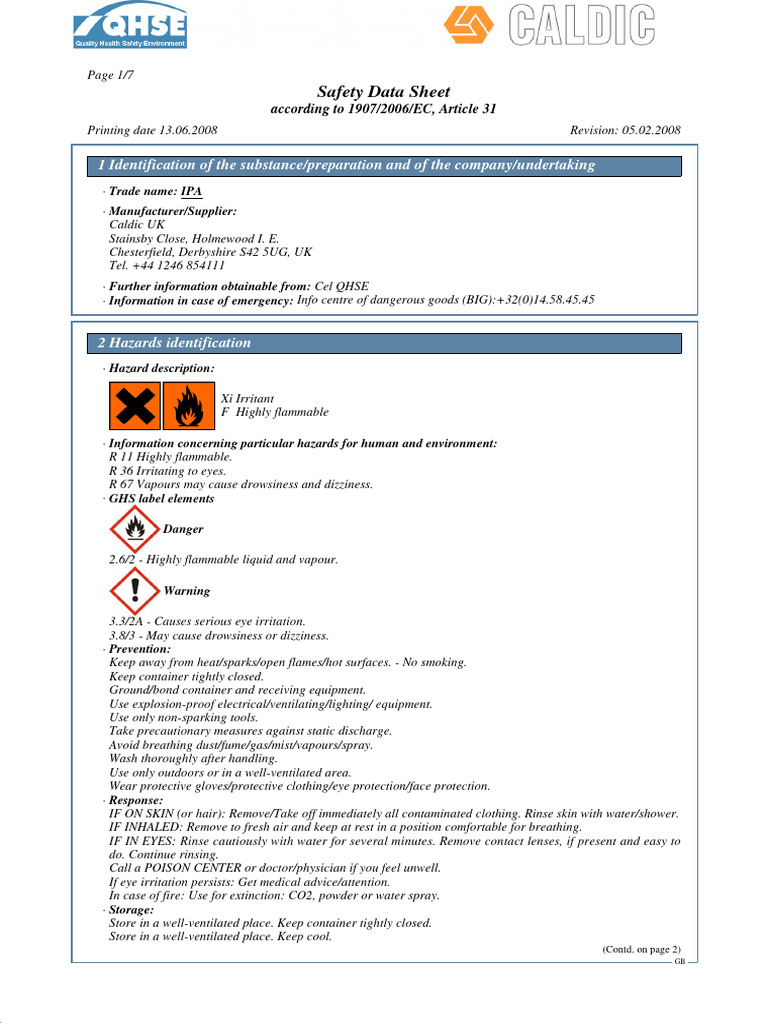 6-Isopropyl Alcohol IPA MSDS | PDF | Dangerous Goods