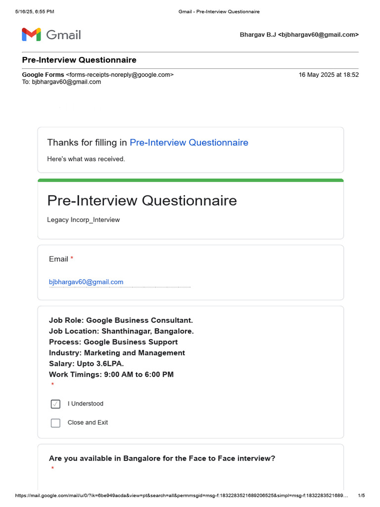Gmail - Pre-Interview Questionnaire | PDF | Computing