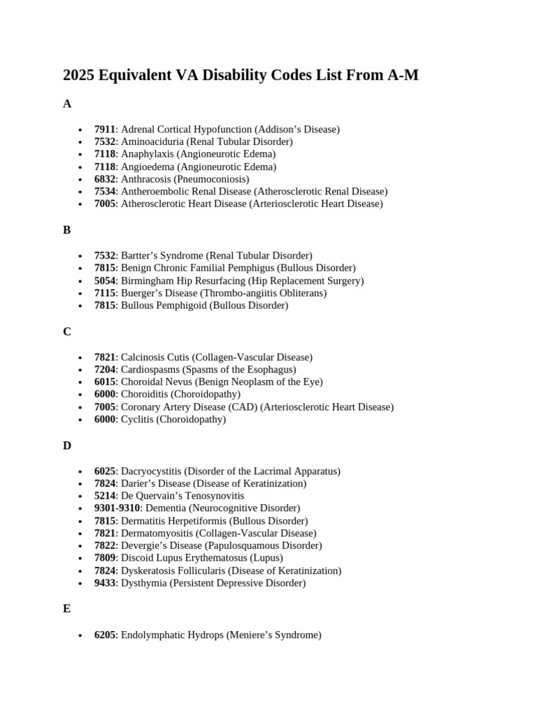 2025 VA Equivalent Disability Codes List | PDF | Hypertension ...