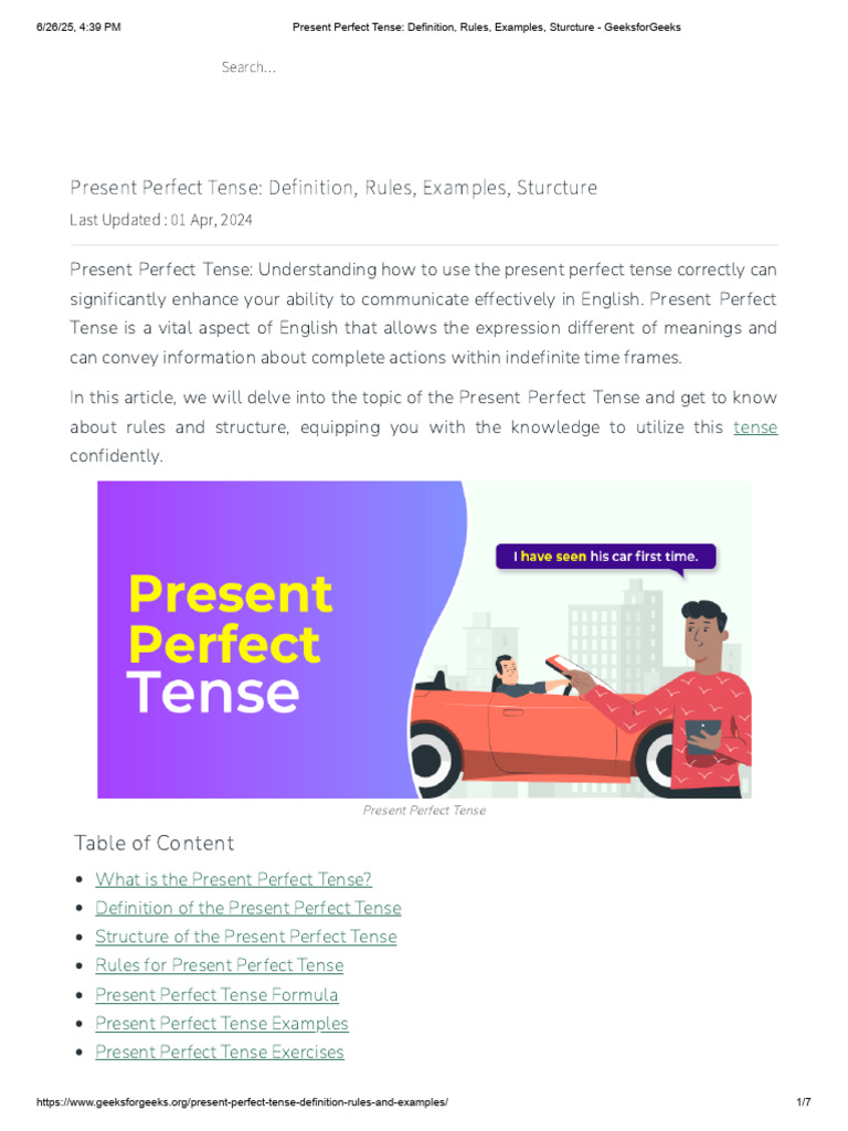Present Perfect Tense - Definition, Rules, Examples, Sturcture - GeeksforGeeks | PDF | Perfect ...