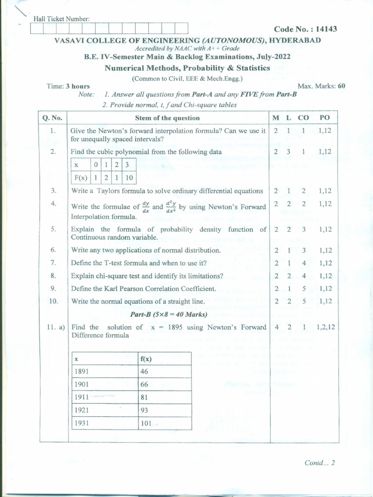 Numerical Methods, Probability and Statistics, Civil, IV Sem, Main ...