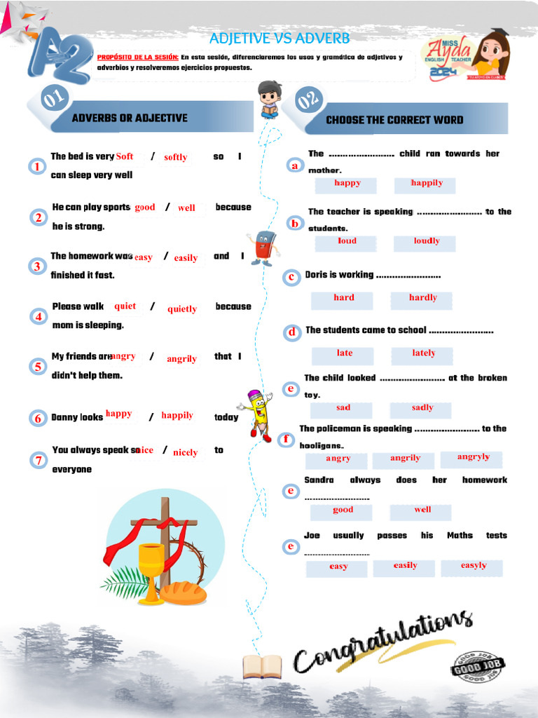 Ficha 01 - Und 01 - Sem 01 - Jec - A2 - Adjetive Vs Adverb | PDF | Gramática | Comunicación humana