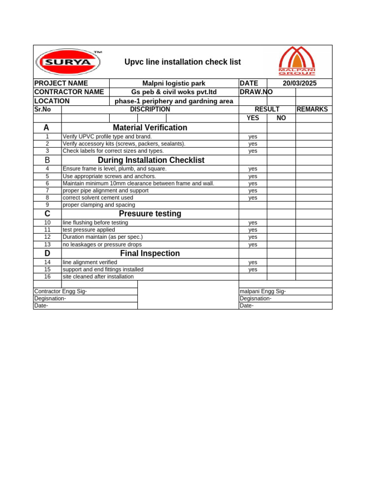 Upvc Line Installation Checkllist | PDF