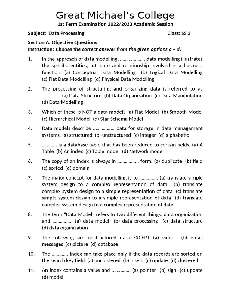 Data Processing SS 3 First Term 2022 - 2023 Examination | PDF ...