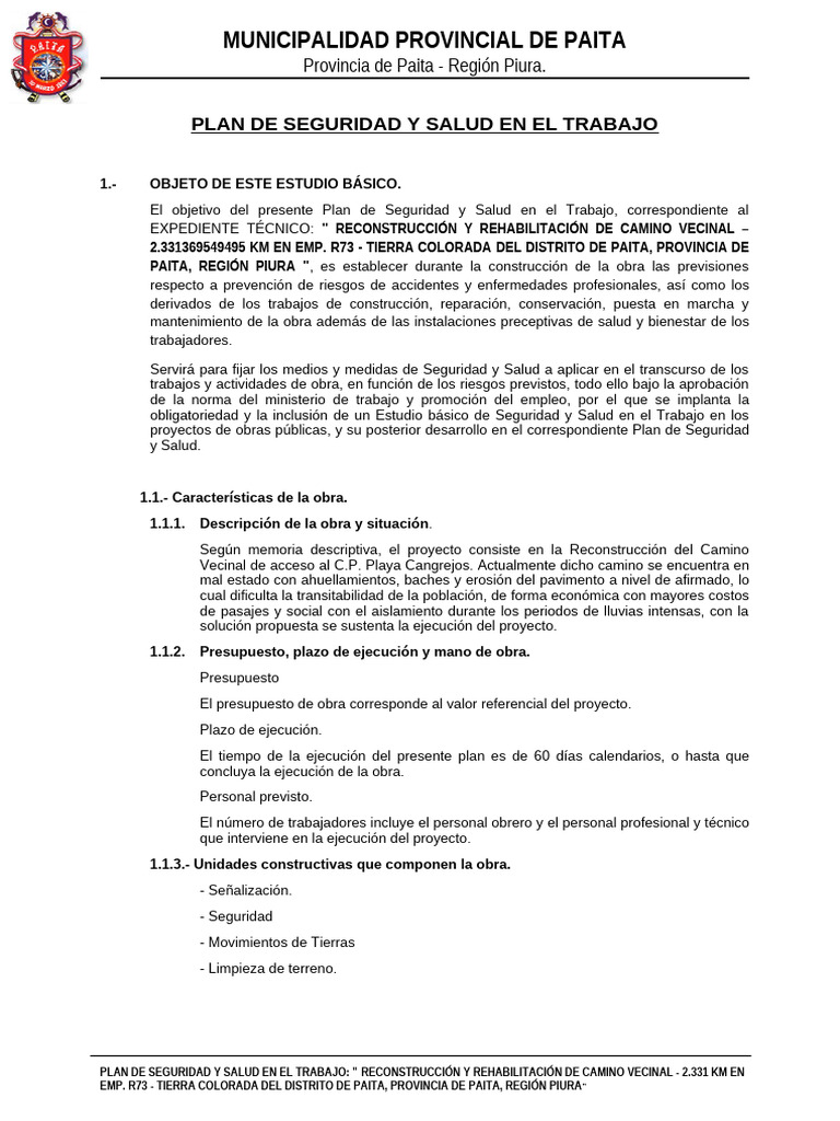 Plan de Seguridad y Salud Ocupacional Camino Vecinal Tierra Colorada 7049 | PDF | Seguridad y ...