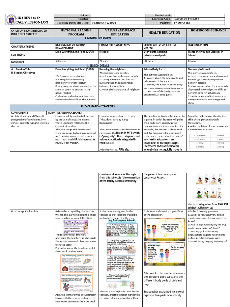 Week1 - LP - Reading, Peace, Values, Health, HRG - Feb3 | PDF | Learning | Human Communication