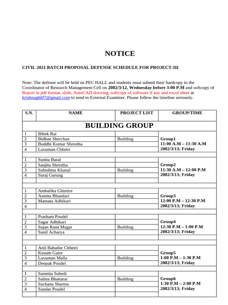 Day2 Civil 2021 Proposal Defense Schedule | PDF