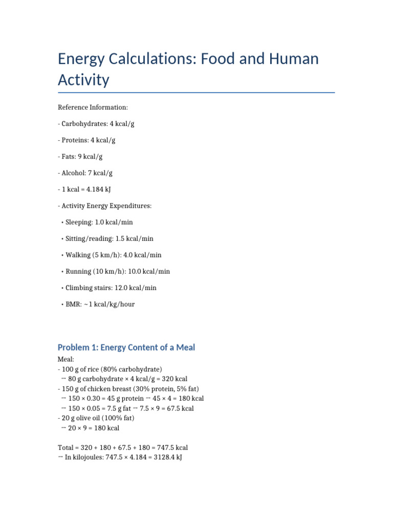 Energy Calculations Food Work | PDF | Food Energy | Calorie