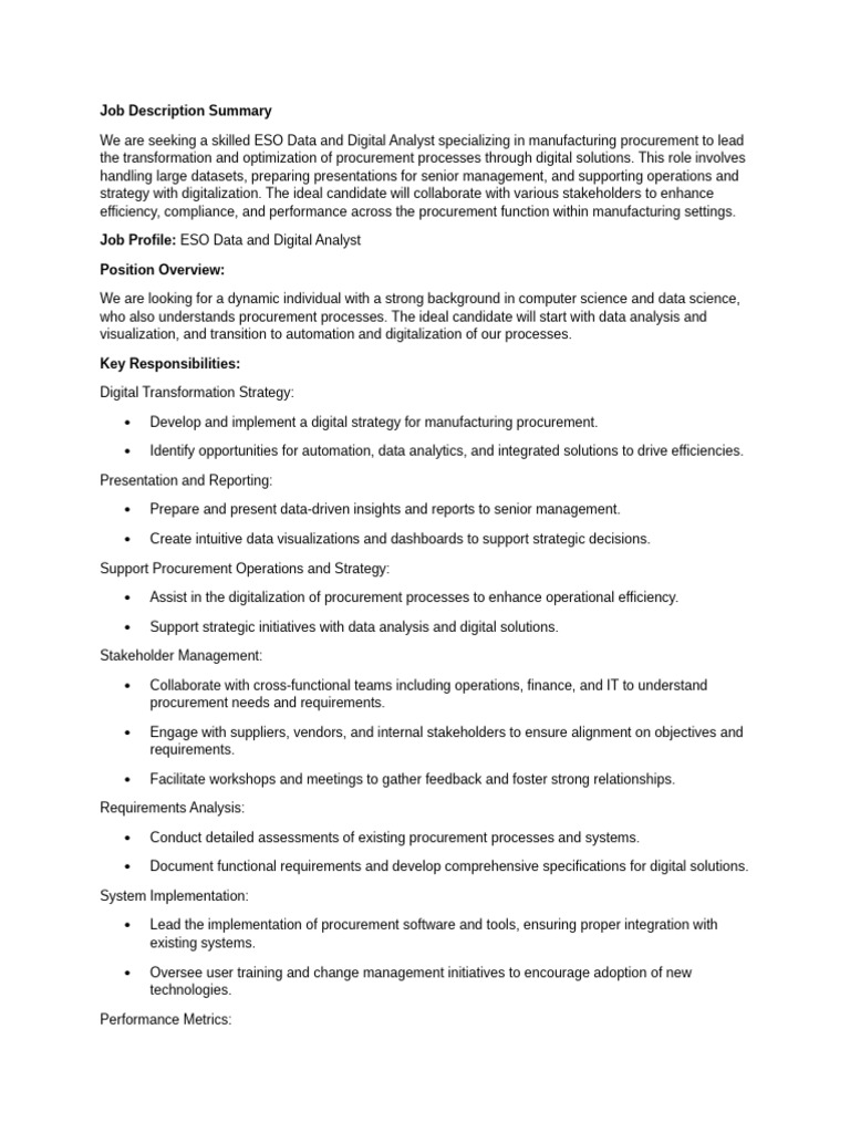 Job Description Procurement Analyst | PDF | Procurement | Data Analysis