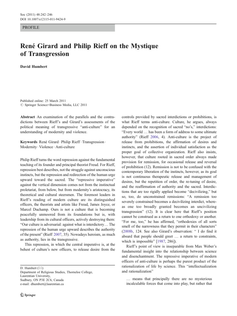 René Girard and Philip Rieff on the Mystique of Transgression (David ...