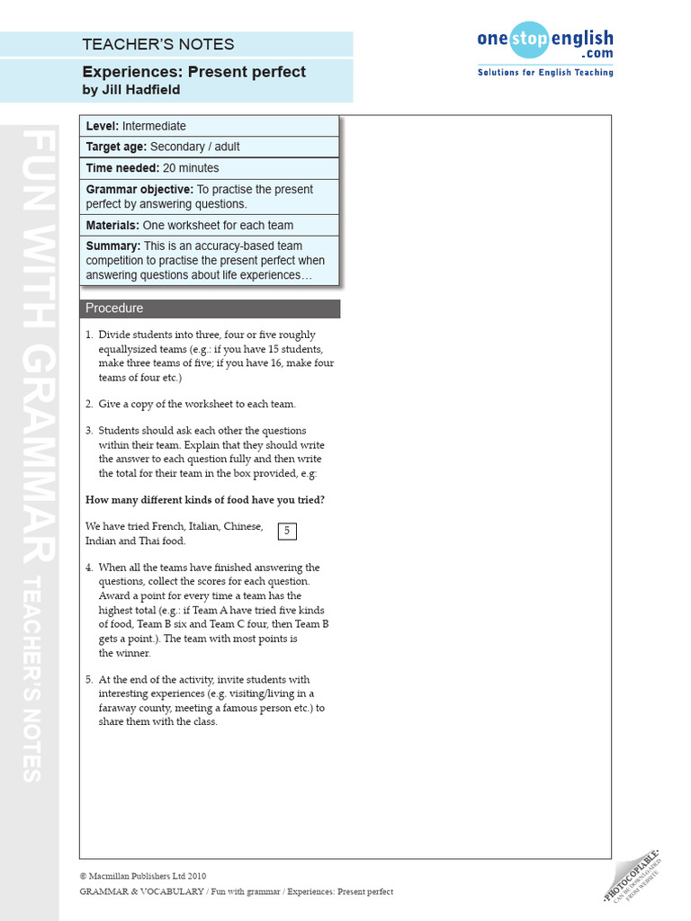 Present Perfect Experiences Activity | PDF | Linguistics | Grammar