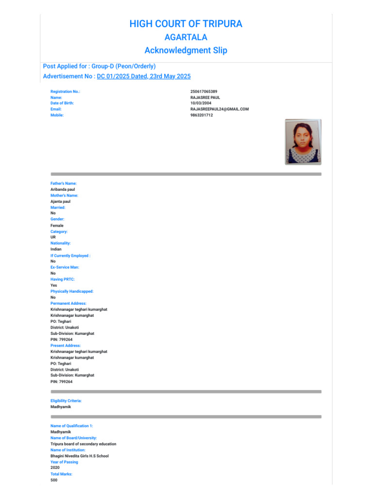 High Court of Tripura - Application Acknowledgment | PDF