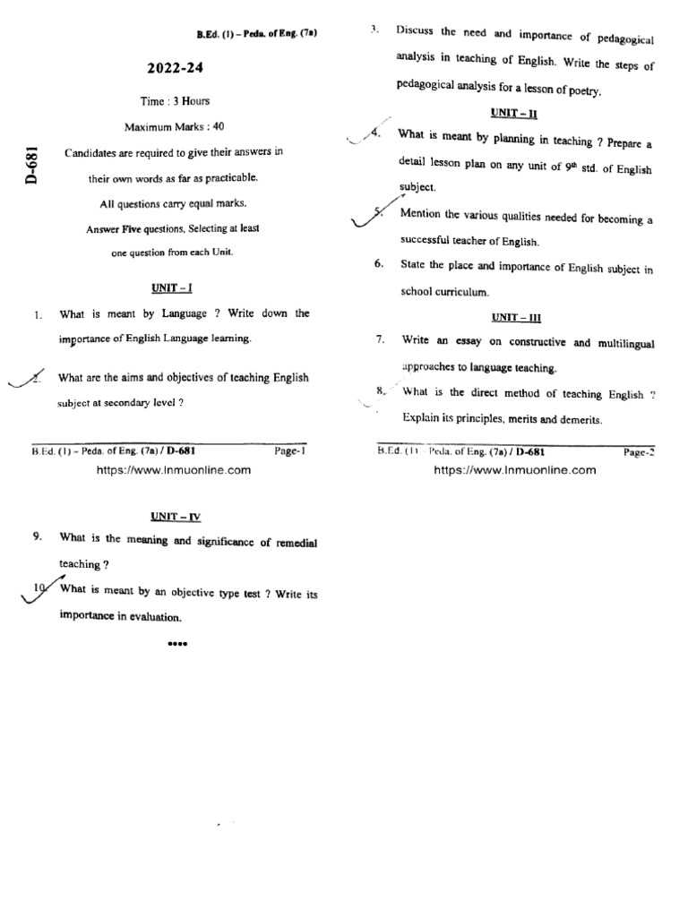 B Ed Part 1 Peda of Eng Paper 7a D 681 2022 24 | PDF