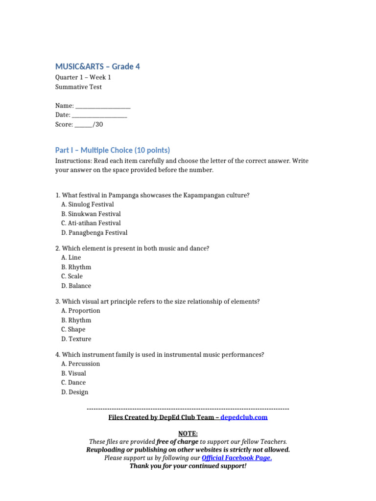 Grade 4 Music and Arts Test Guide | PDF | Dances | Sound