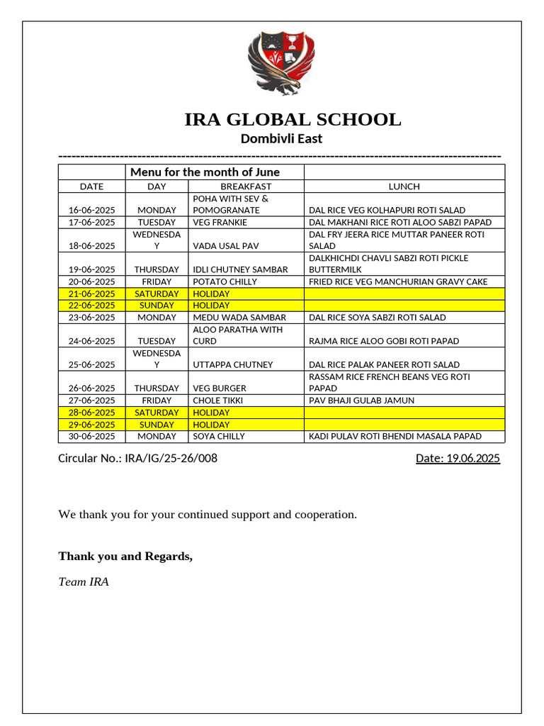 IRA Global School June Menu | PDF