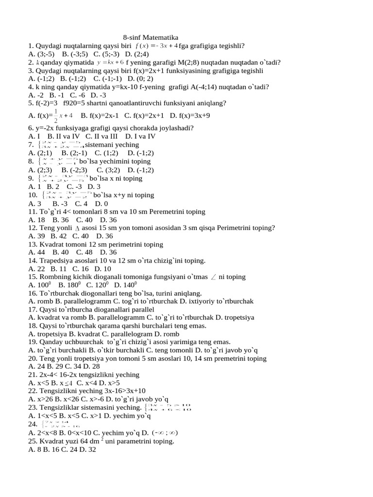 8-sinf Matematika Test Savollari | PDF