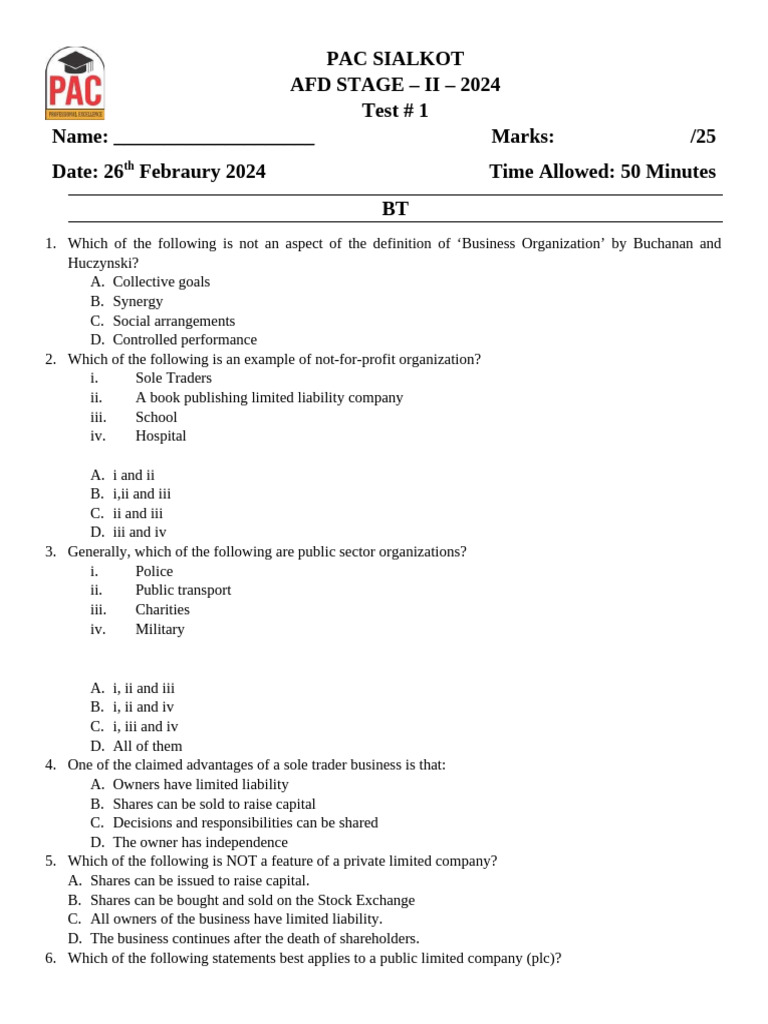 BT Test # 1 Afd Stage II (8 & 9) - 1 | PDF | Organizational Structure ...