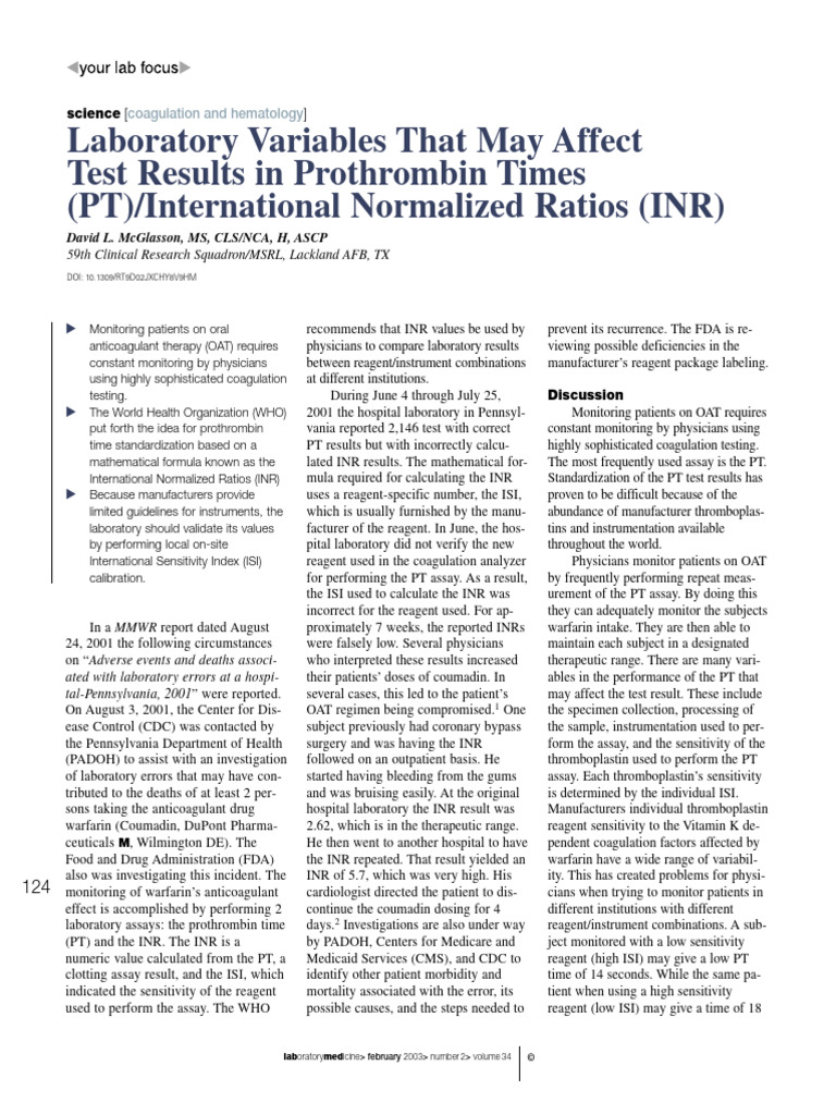 Laboratory Errors in INR Testing | PDF | Cytopathology | Medical ...