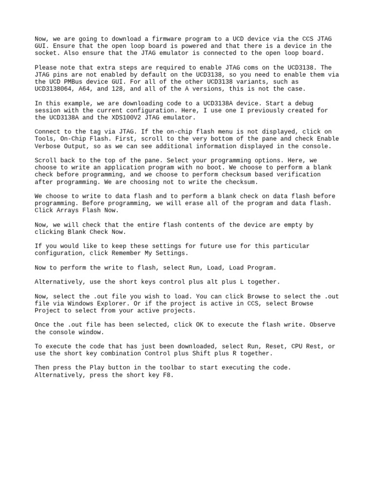 Using JTAG With The UCD3138 Downloading A Program Using The CCS JTAG Flash GUI - Transcript | PDF