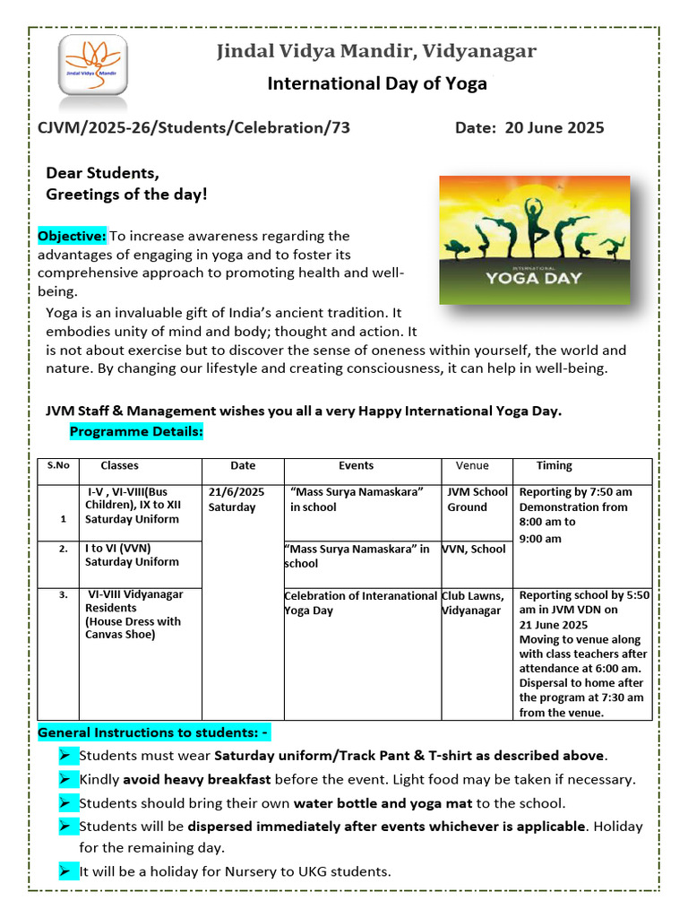 Cir 73 Details of Yoga Day Celebrations & Program | PDF | Yoga