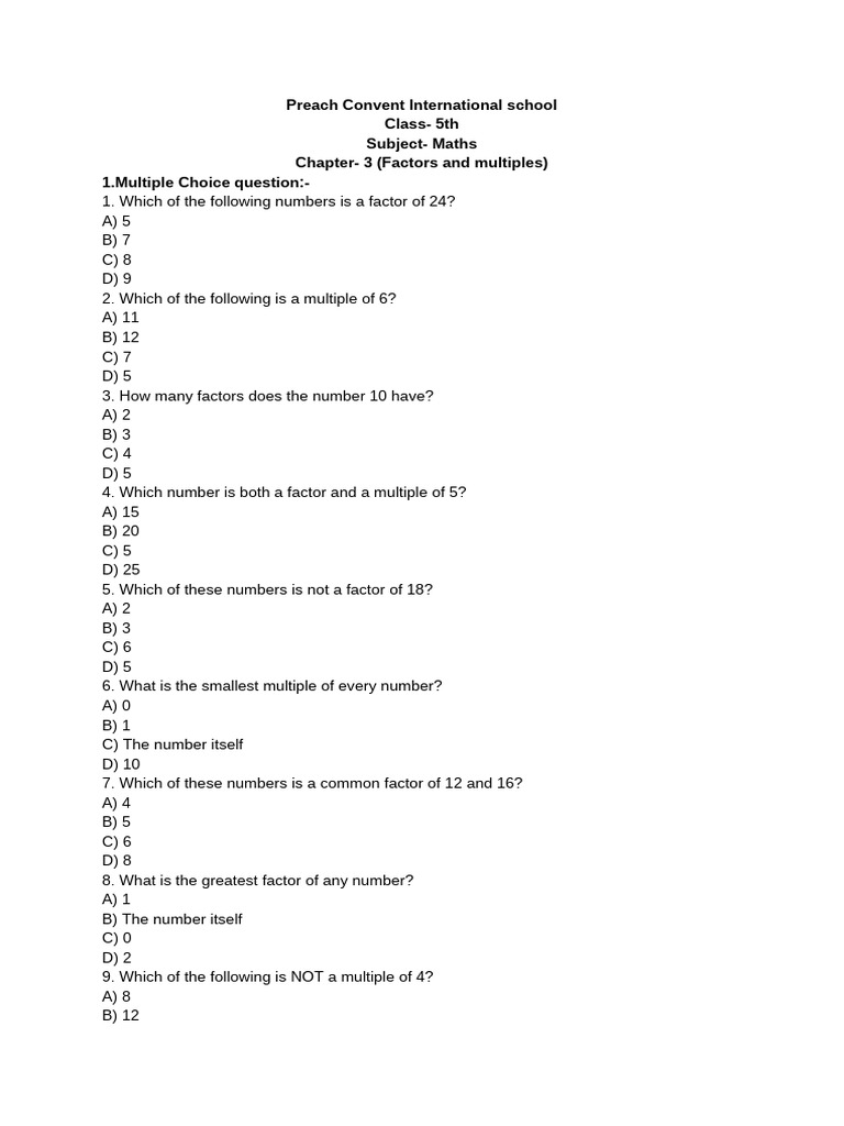 Class 5 Factors and Multiples Worksheet | PDF | Numbers | Chess