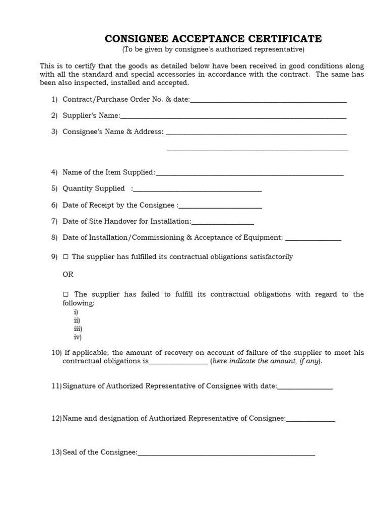 Format - Consignee Acceptance Certificate | PDF