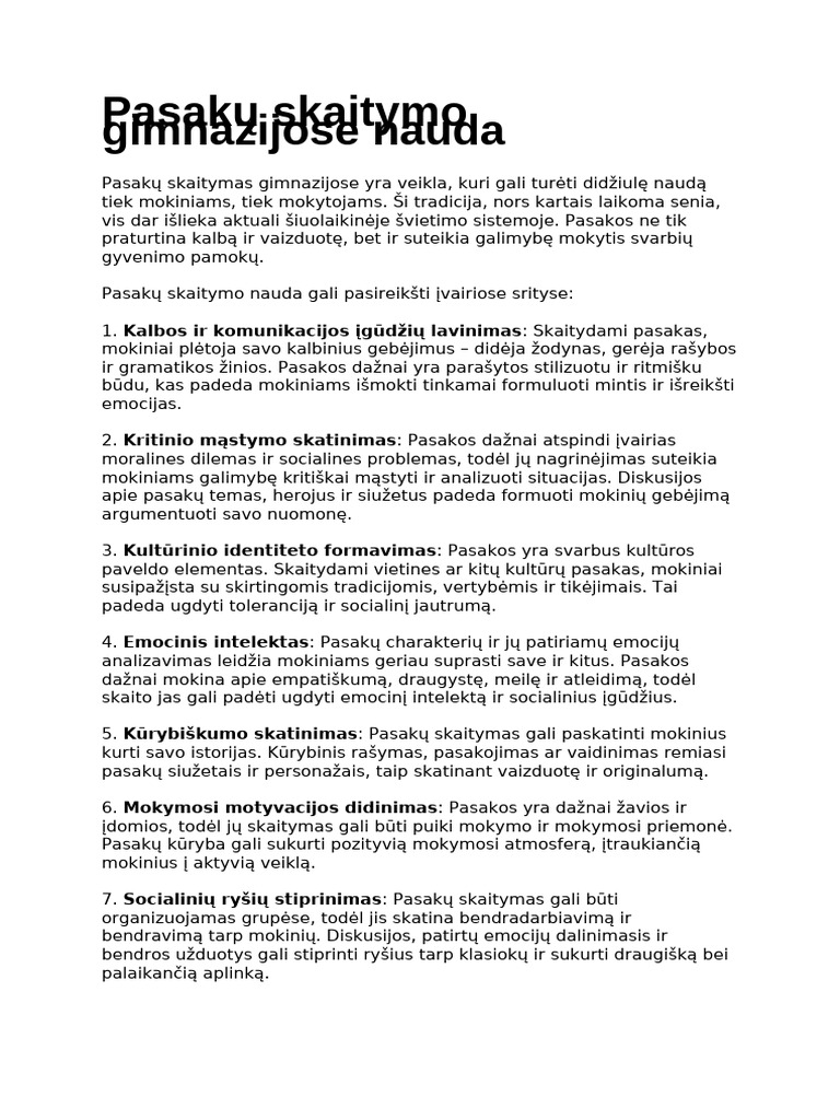 Pasakų Skaitymo Gimnazijose Nauda | PDF