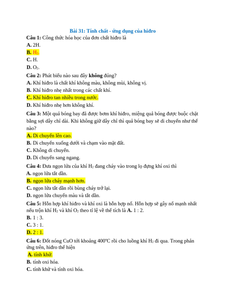 Bài tập Hidro 1 | PDF