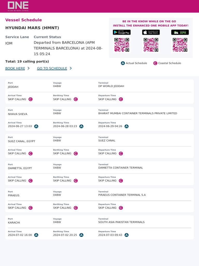 ONE Vessel Schedule 20240819 | PDF