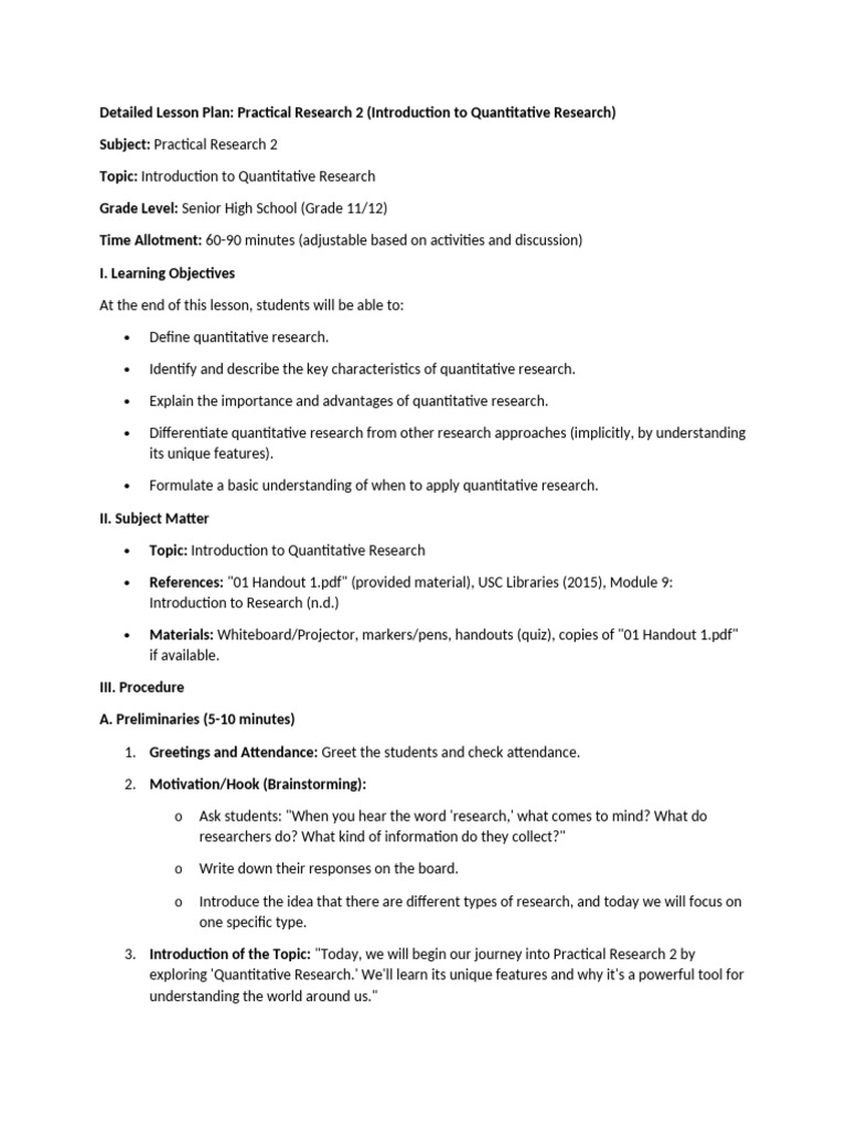 Detailed Lesson Plan PR2 WEEK 1 | PDF | Quantitative Research | Statistics