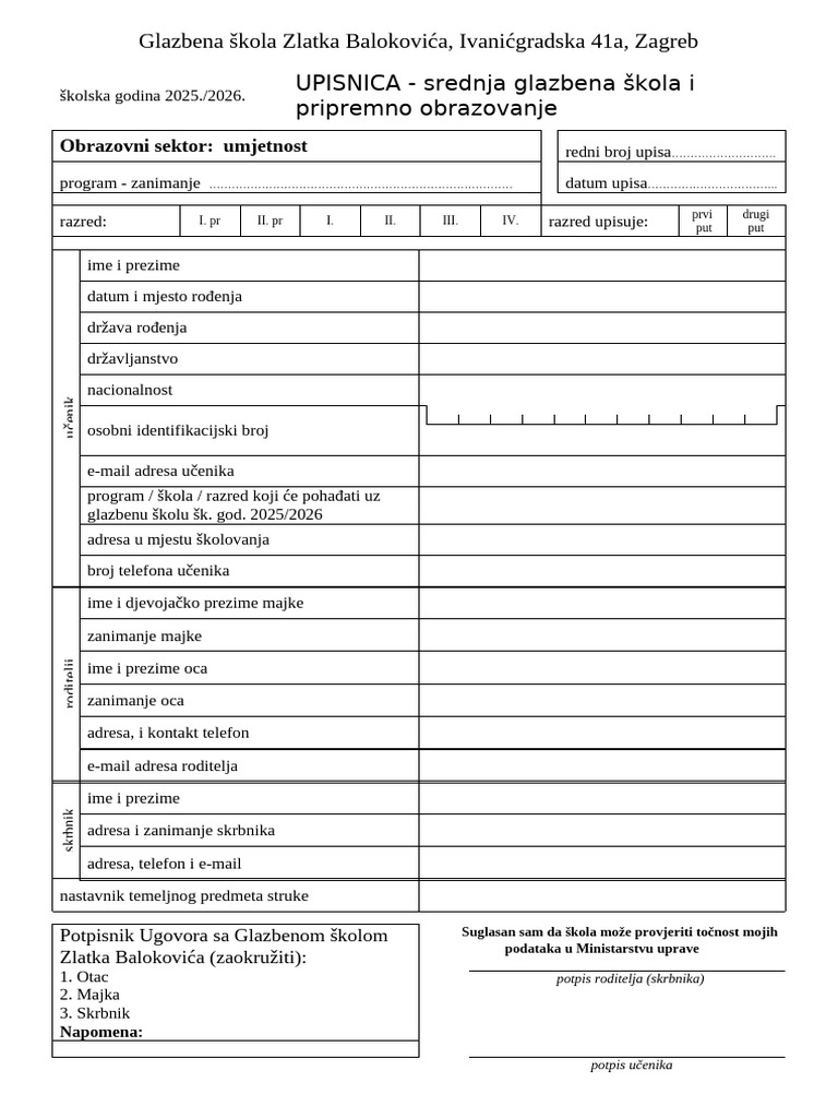 Upisnica Srednja Škola I Pripremno Obrazovanje 2025 2026 | PDF