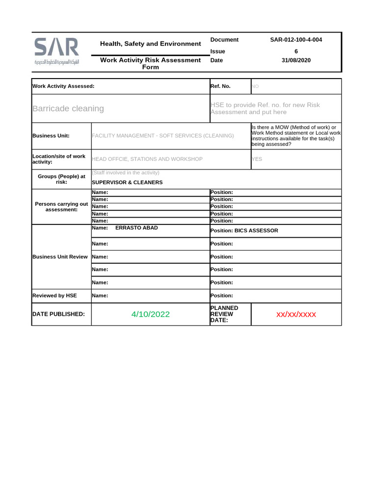 SAR-012-100!4!004 Work Activity Risk Assessment Form v6 - Barricade ...