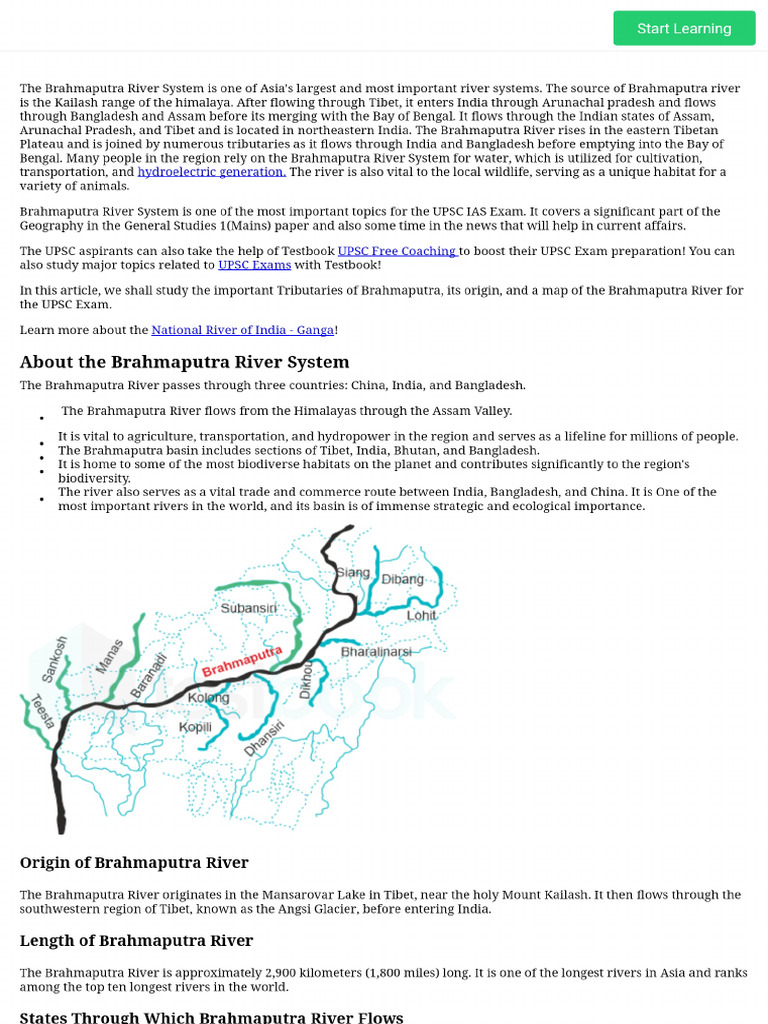 Brahmaputra River System - Important Facts For The UPSC Exam | PDF