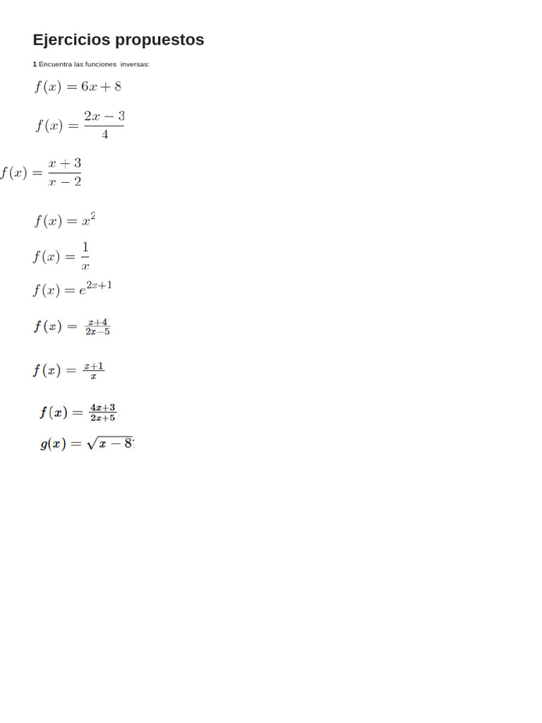 Ejercicios Propuestos Funcion Inversa | PDF