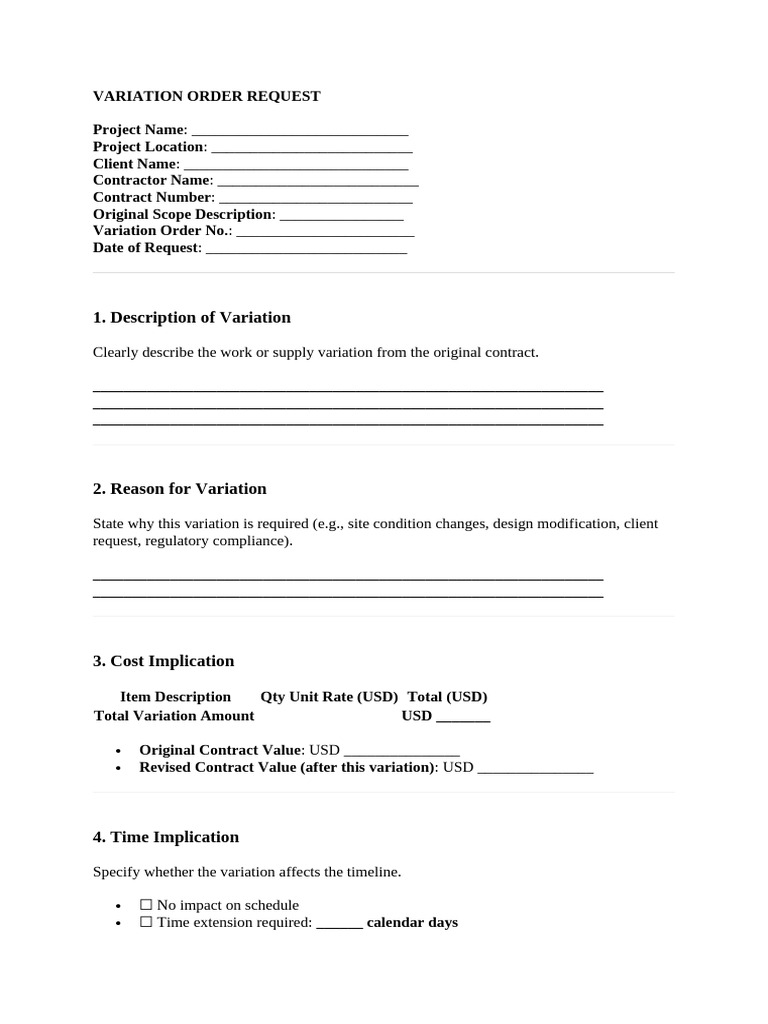 Variation Order Request Form Template | PDF