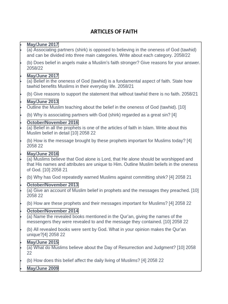 Only Questions For Articles of Faith, Jihad and Pillars of Islam | PDF ...
