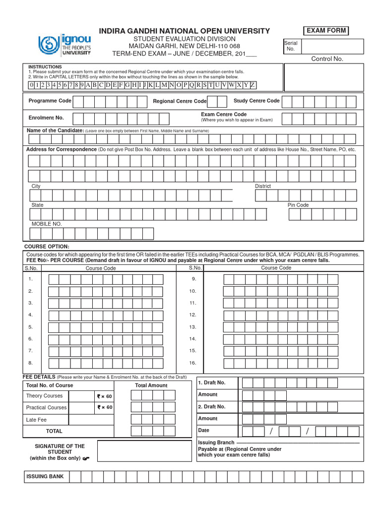 IGNOU Term-End Exam Form Instructions | PDF