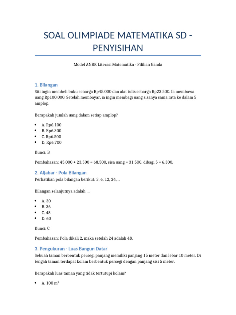 Soal Olimpiade Matematika SD Kelas 5 | PDF