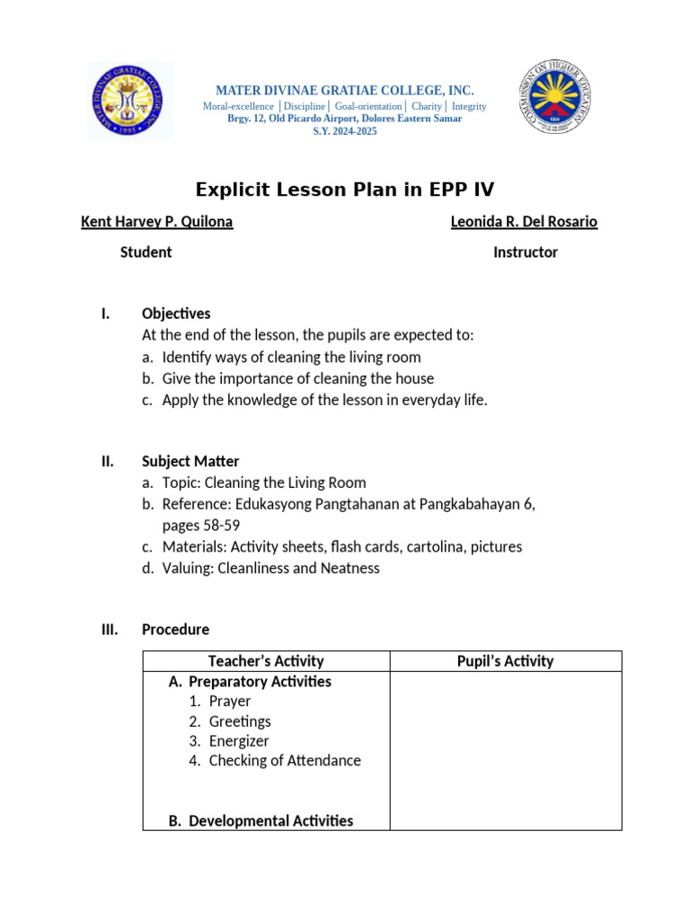 EPP IV Lesson Plan: Cleaning Living Room | PDF | Housekeeping