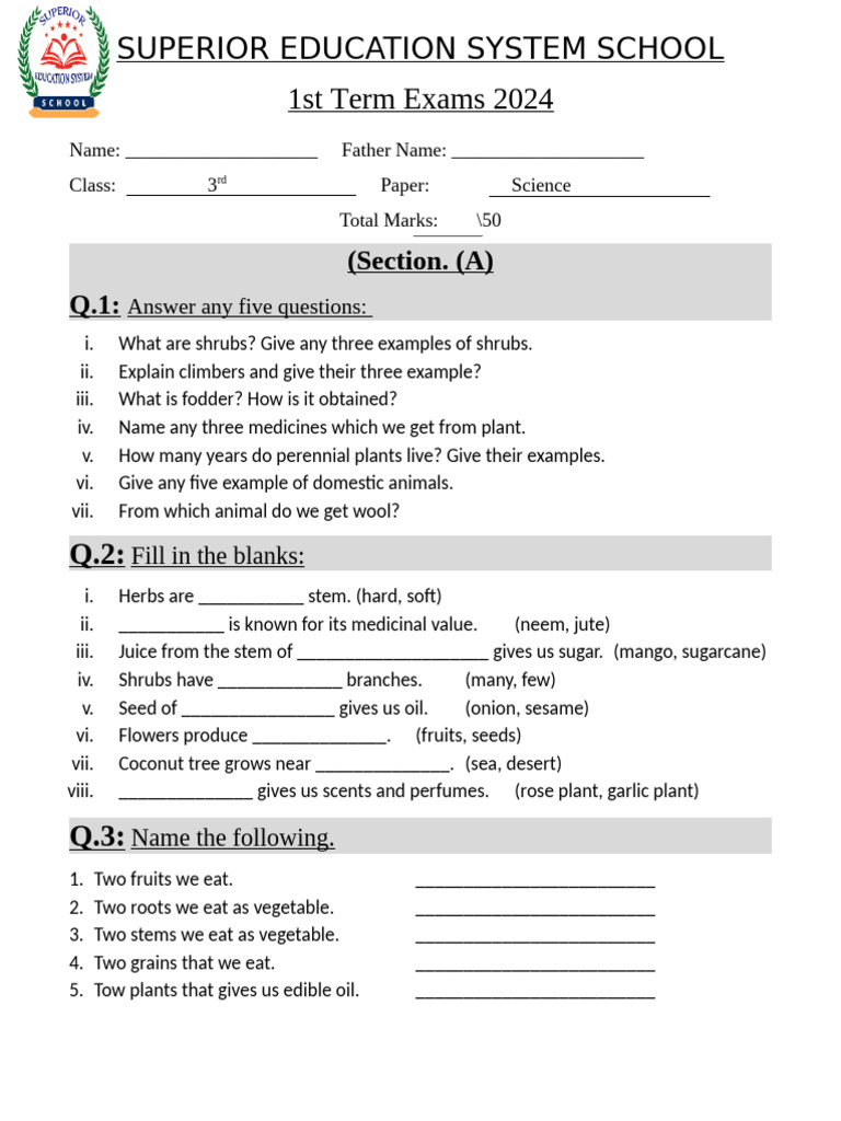 04-Science Paper of Class | PDF | Vegetables | Fruit