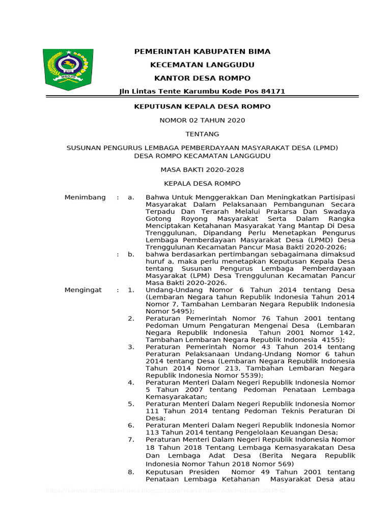 Susunan Pengurus LPMD Desa Rompo 2020-2028 | PDF