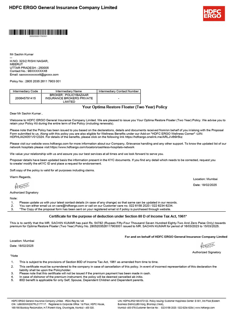 HDFC ERGO Policy for Sachin Kumar | PDF | Insurance | Financial Services